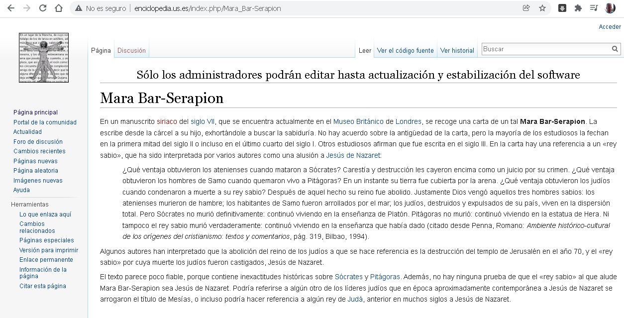Referencia a Mara Bar-Serapion en la red captura del tema ofrecido